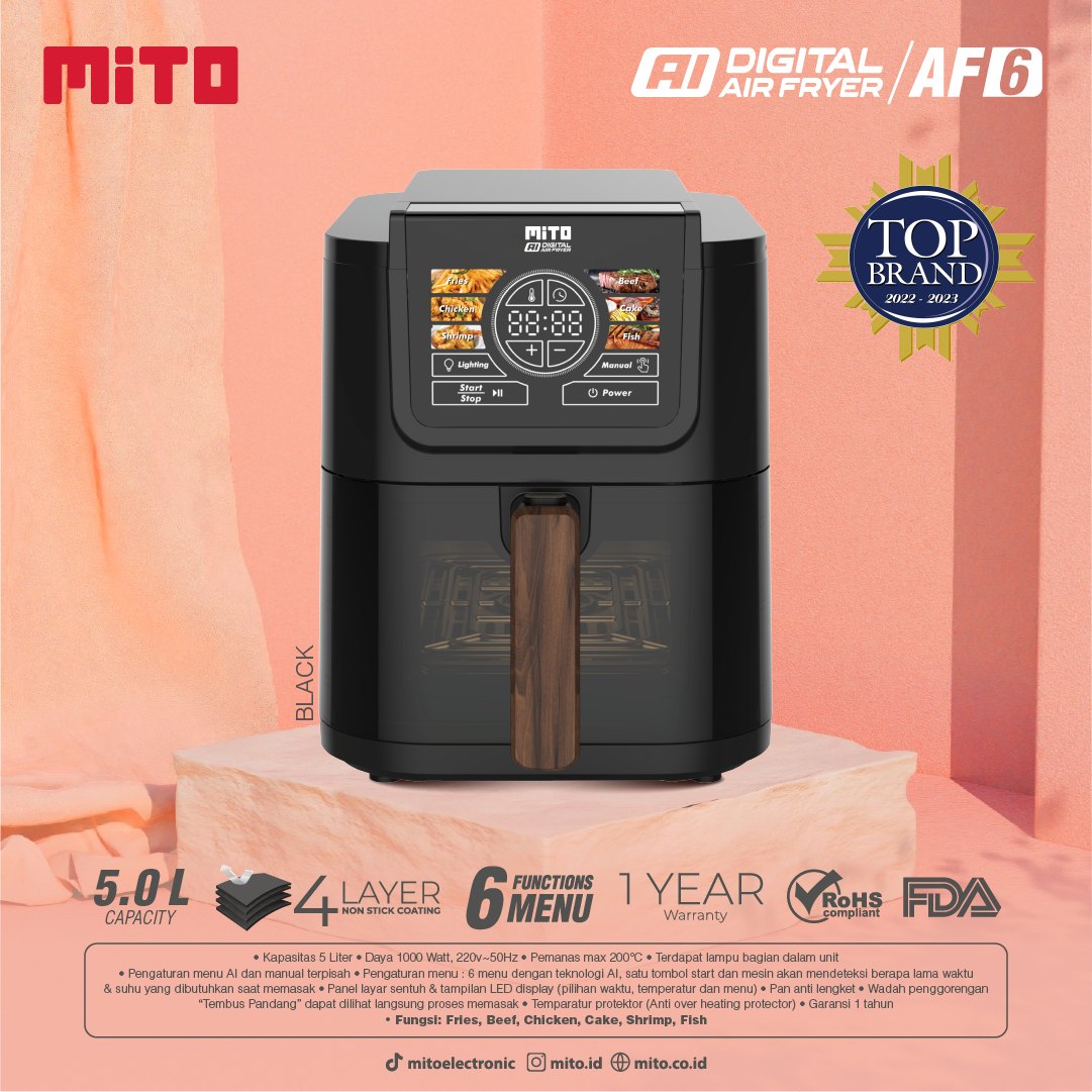 Promo Mito Air Fryer Af6 Smart Ai-fryer Digital, Low Watt, 5l Semi ...