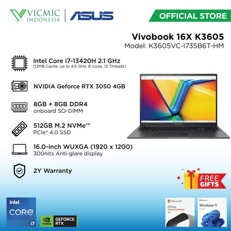 Promo Asus Vivobook 16x K3605vc-i735b6t-hm [intel I7-13620h/ 16gb/ 512gb/ Rtx3050 4gb/ 16 Wuxga ...