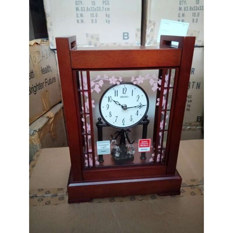 Promo Seiko Qxn235 Auto Constant Light Qxn235b Rotating Pendulum Wooden Alder Table Clock Jam ...