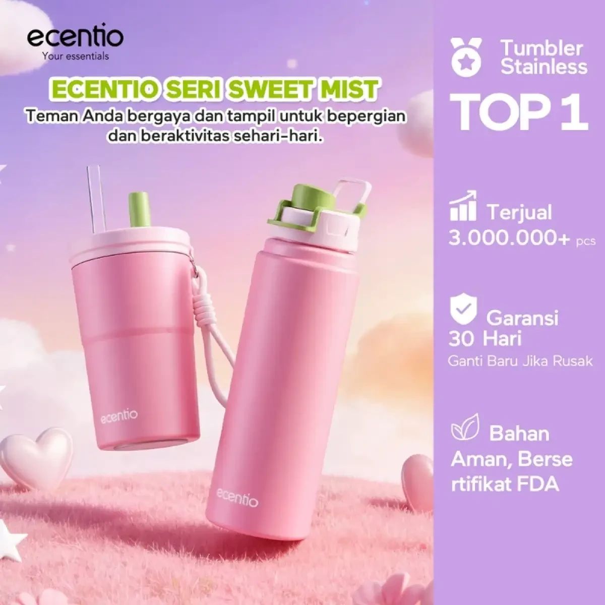 Promo Ecentio Tumbler Aesthetic Premium Stainless Steel & Aluminium ...