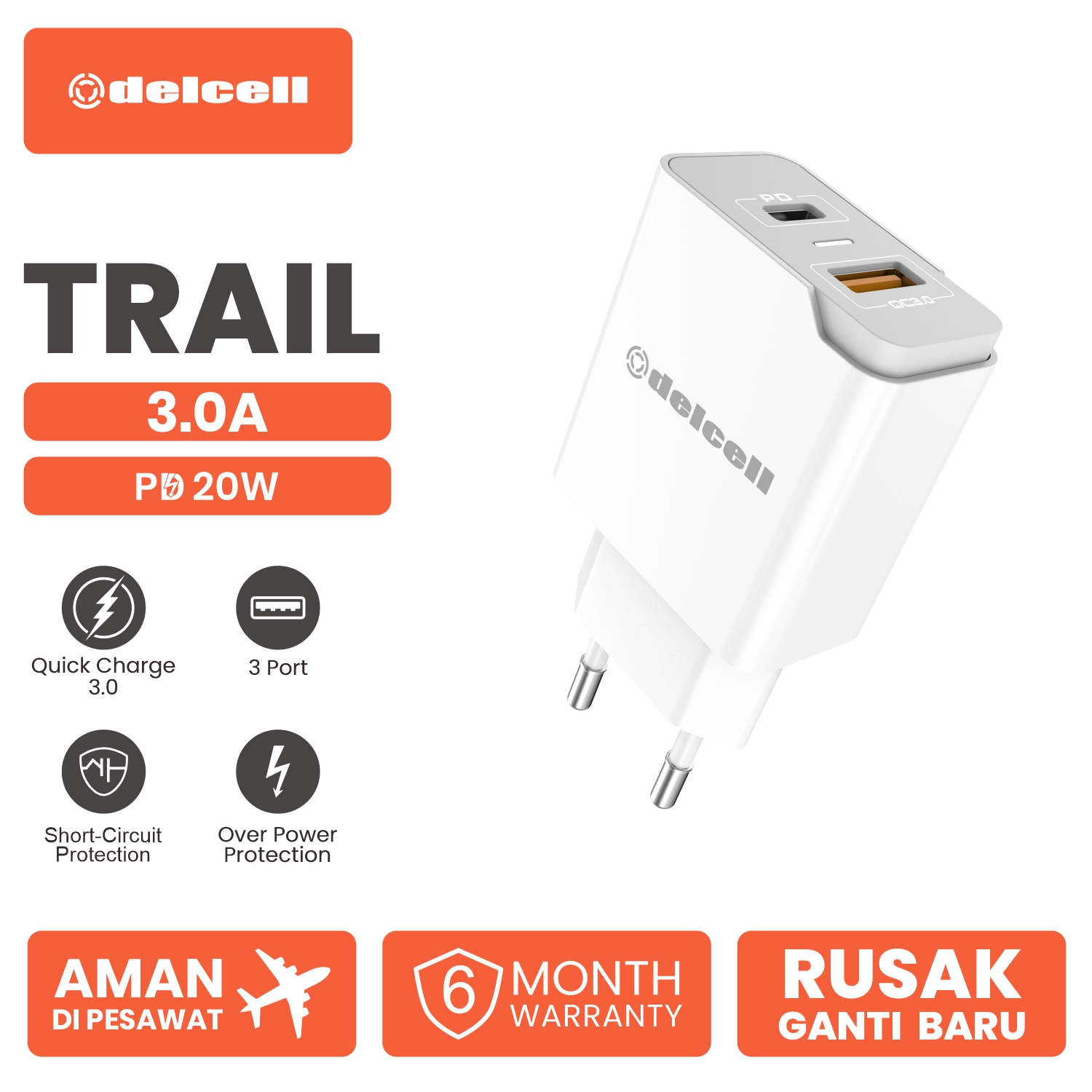 Promo Delcell Trail Adaptor Charger Original Qc 3.0 + Pd 20w 2 Output ...