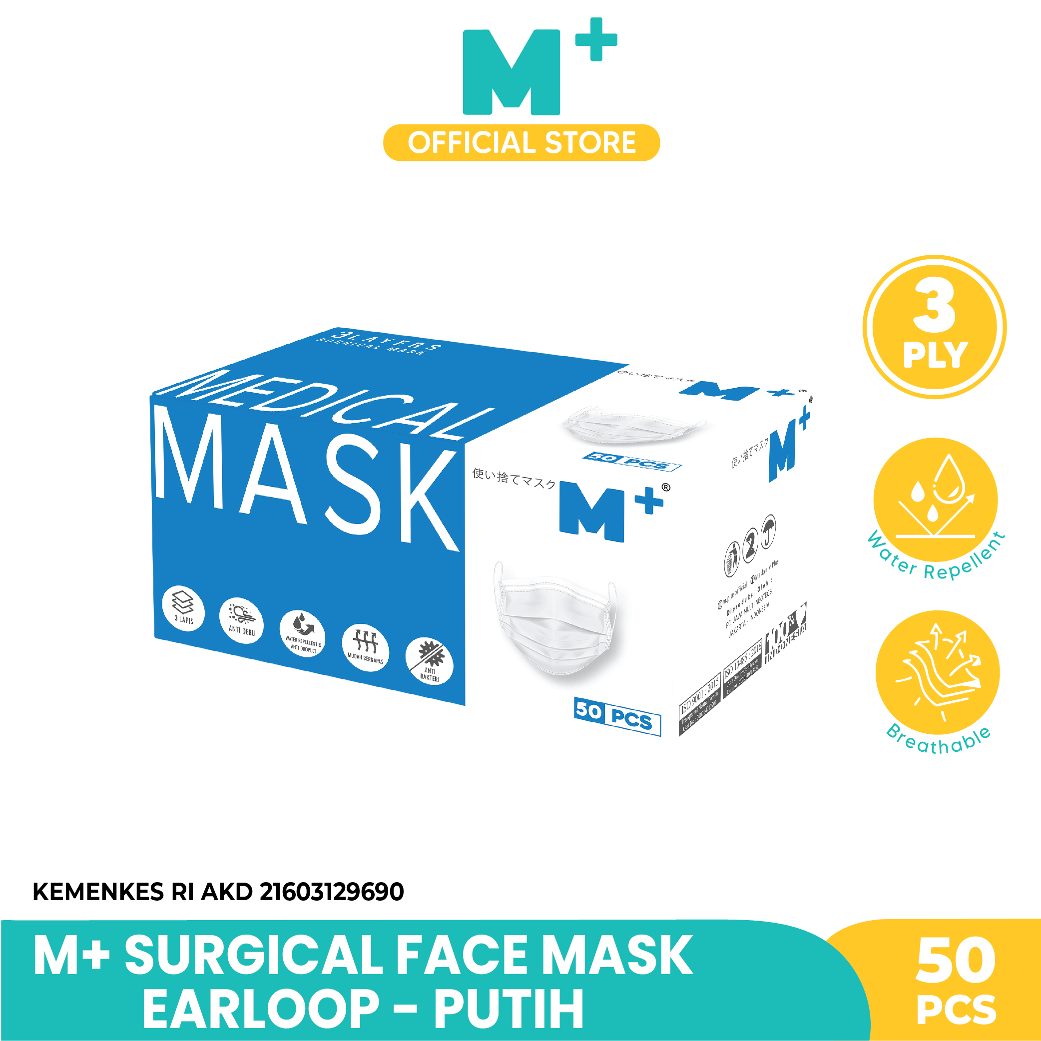 Promo Masker Medis Earloop M+ 3 Ply - Surgical Mask Isi 50 Pcs Putih ...