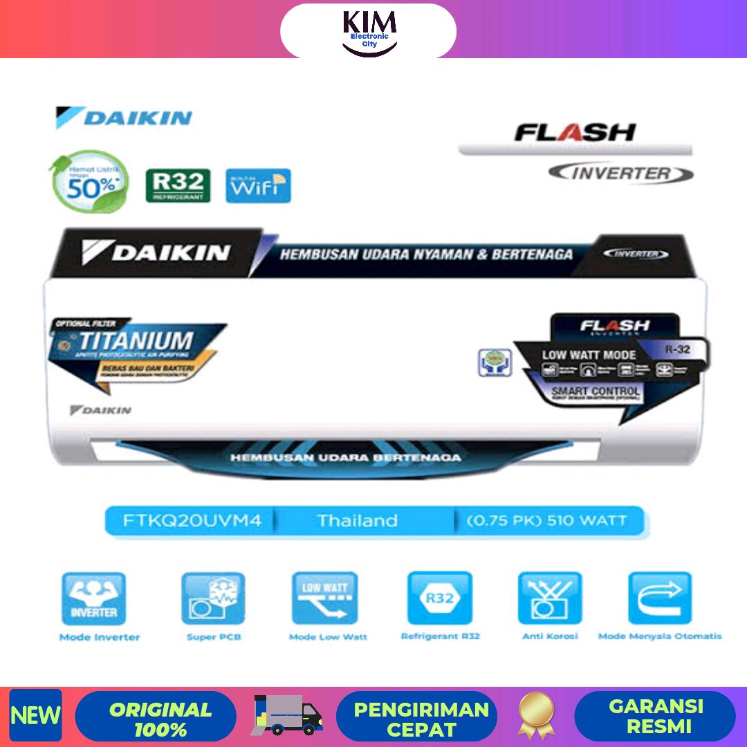 Jual AC DAIKIN 3/4 PK FTKQ20UVM 3/4 PK R32 FLASH INVERTER THAILAND R32 ...
