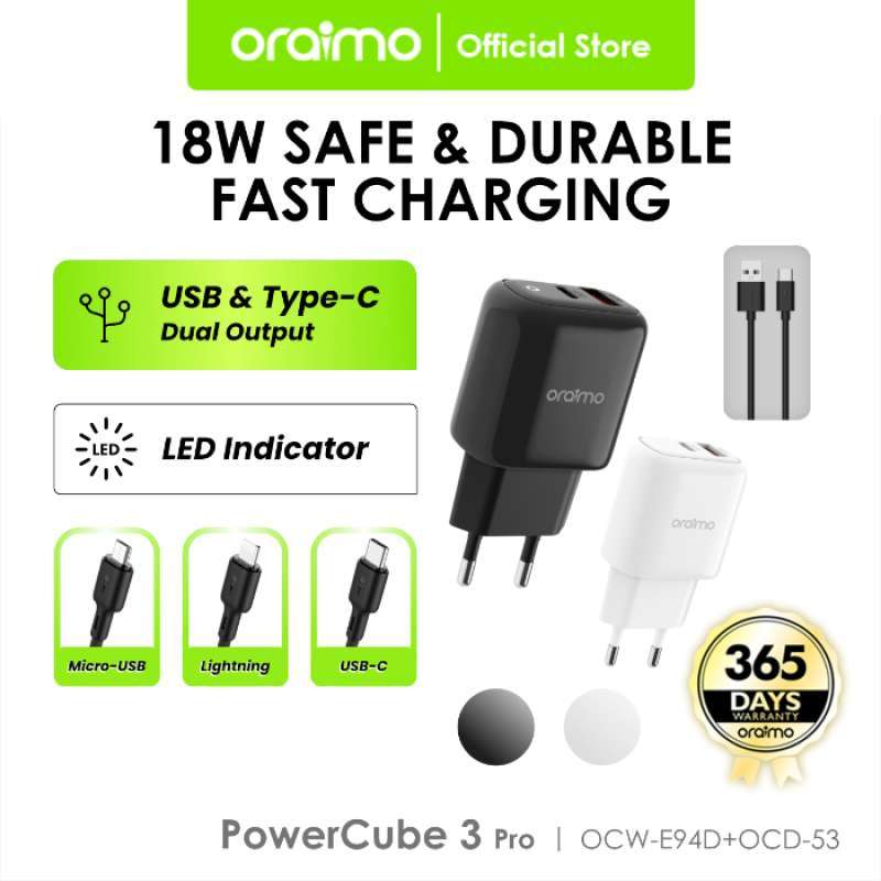 Jual Oraimo Charger Dual Port Usb Type-c Powercube 3 Pro Fast Charging ...