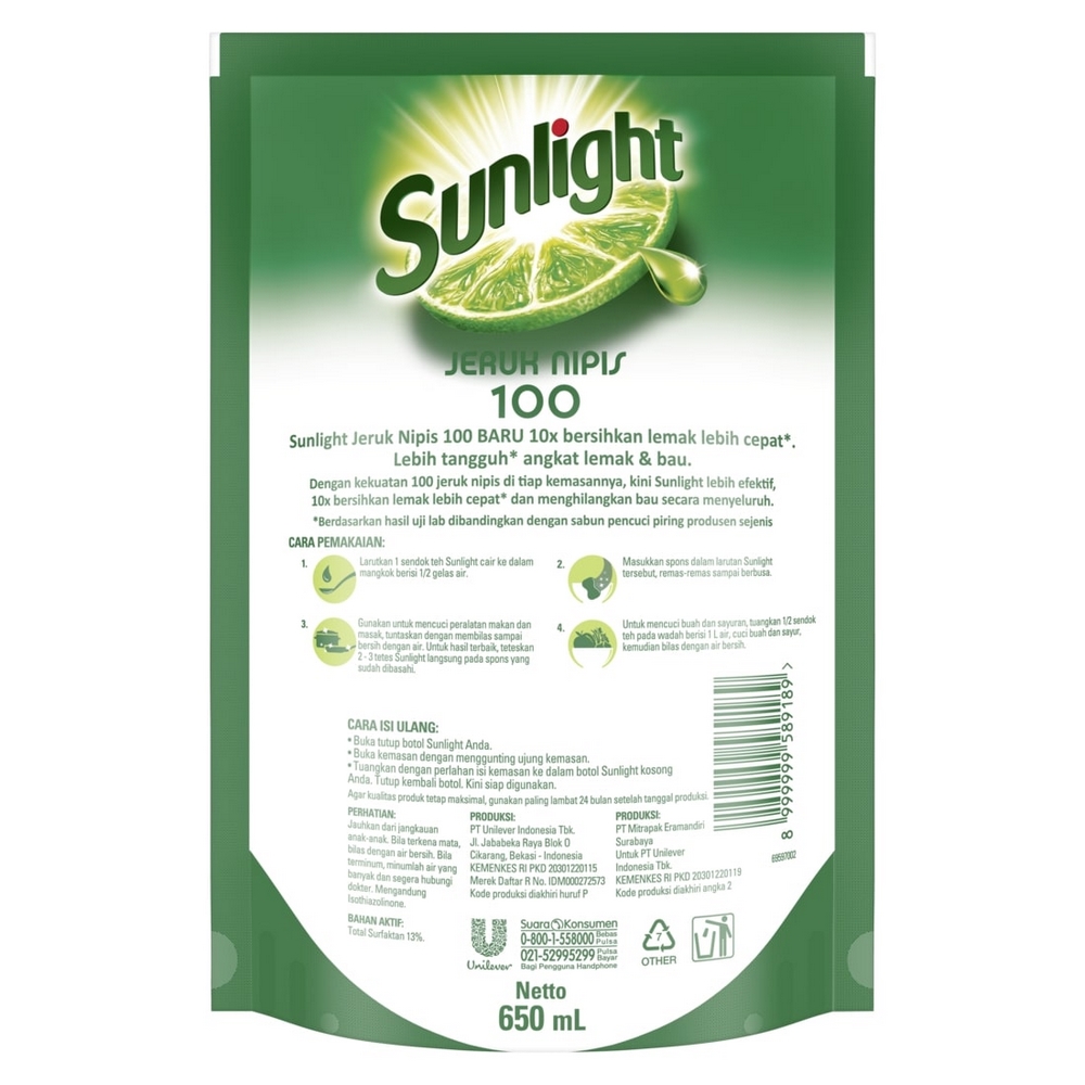 Promo Sunlight Sabun Cuci Piring Cair Refill Jeruk Nipis 650 mL [3 Pcs] Diskon 37% di Seller ...