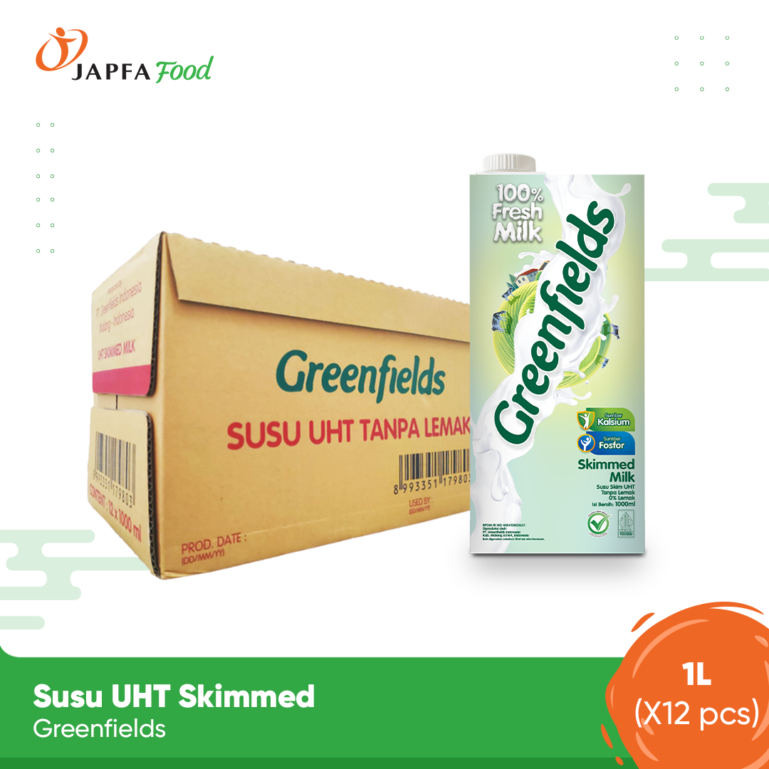 Promo Greenfields Susu UHT Skimmed 1 L - Paket isi 12 - 100% Fresh Milk dari Greenfields Farm ...