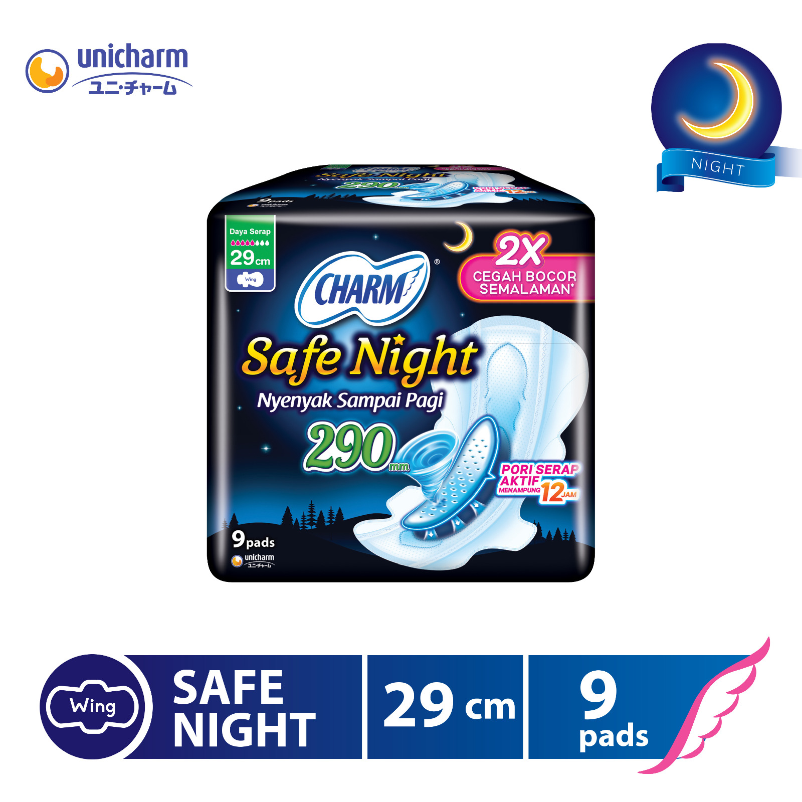 Promo Charm Safe Night Wing 290mm Pembalut Wanita 9 Pads Diskon 13% di ...