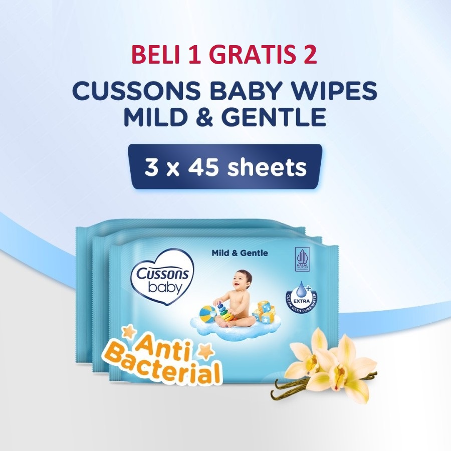 Promo Beli 1 Gratis 2 - Cussons Baby Wipes Mild & Gentle [45 Sheets X 3 ...