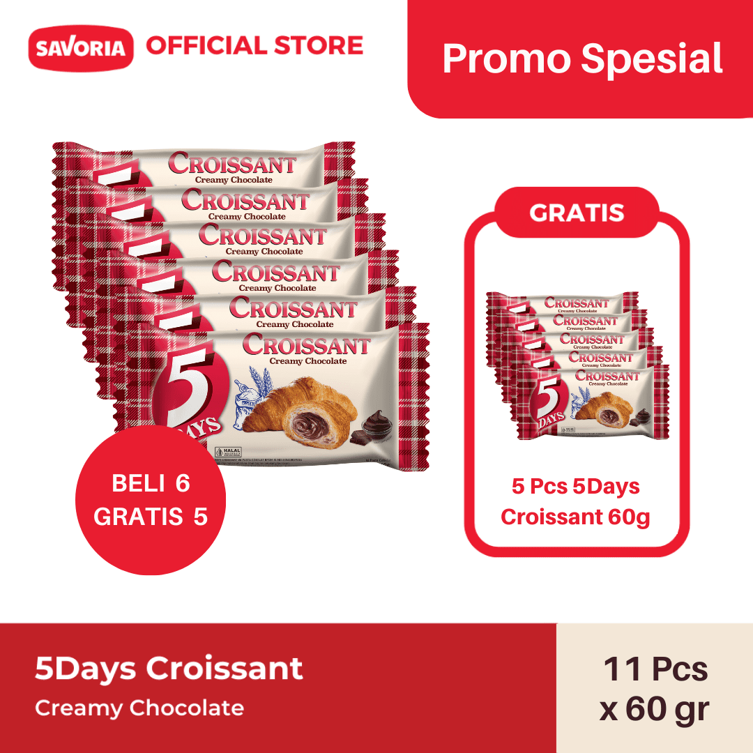Promo Beli 6 Gratis 5 - 5 Days Croissant Creamy Chocolate Roti [60 g ...