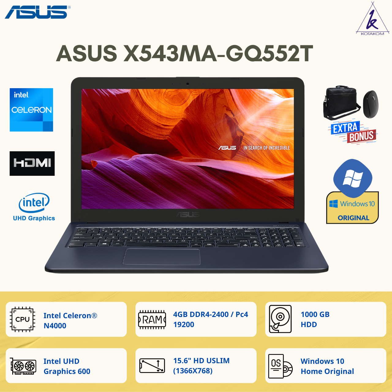 Jual Asus X543ma Gq552t Celeron N4000 4gb Ram 1tb Hdd Intel Uhd