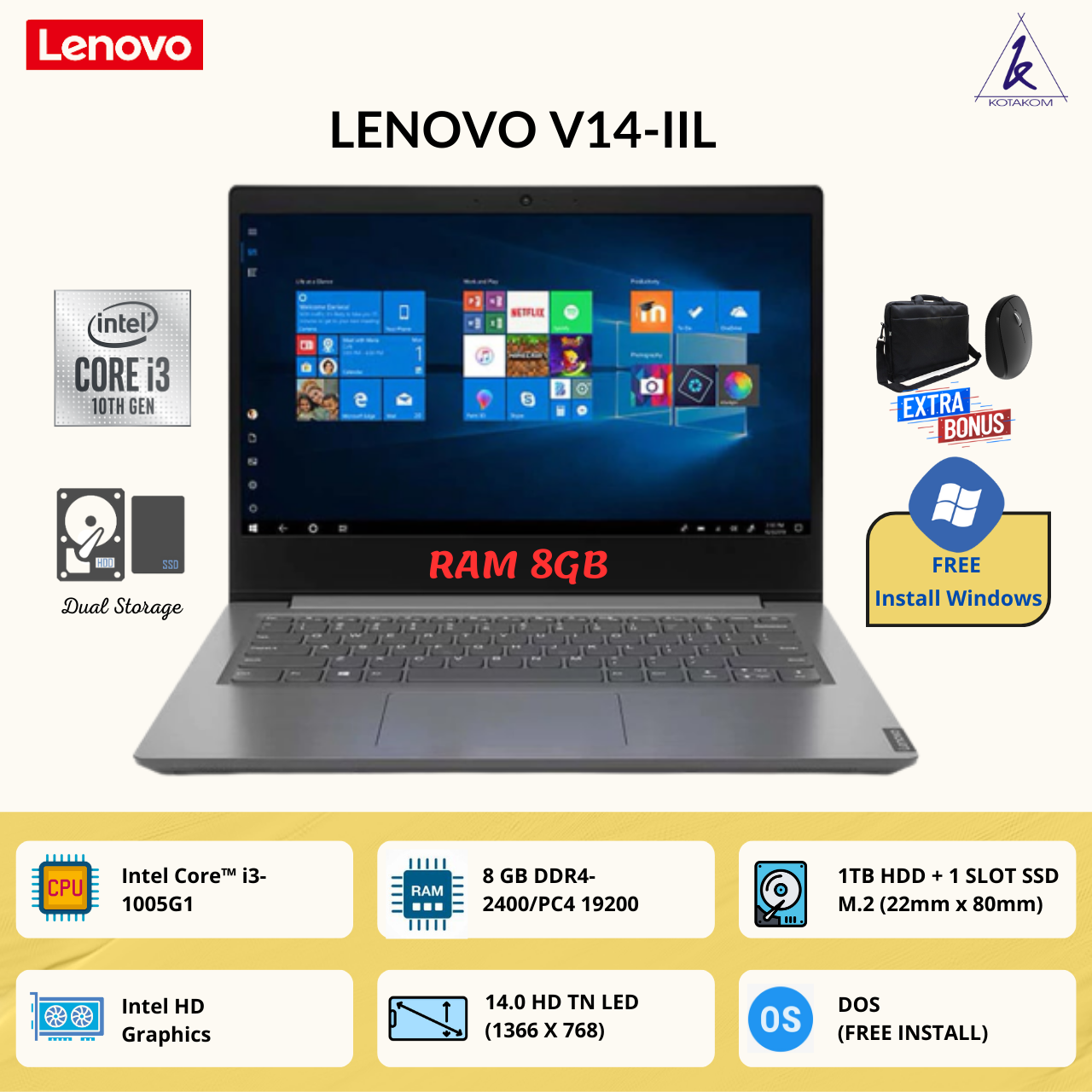 Jual Lenovo V14-iil | I3-1005g1 | 8gb | 1tb Hdd | 14.0 Hd Led Di Seller Jaya Motor Barokah ...