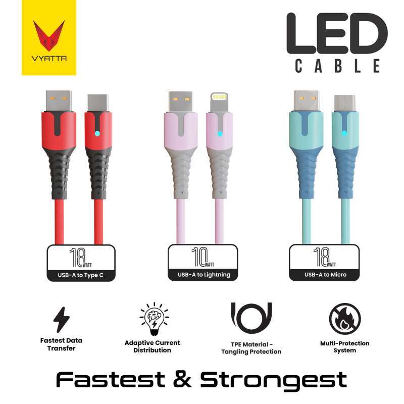 Promo VYATTA LED Kabel Data Micro USB, Type C / Lightning, LED Light ...