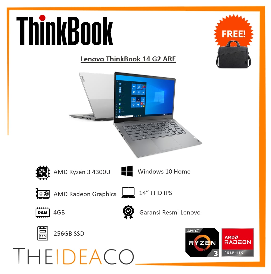 Jual Lenovo ThinkBook 14 G2 Ryzen 3 4300U 4GB 256GB SSD Win10Home+OHS ...