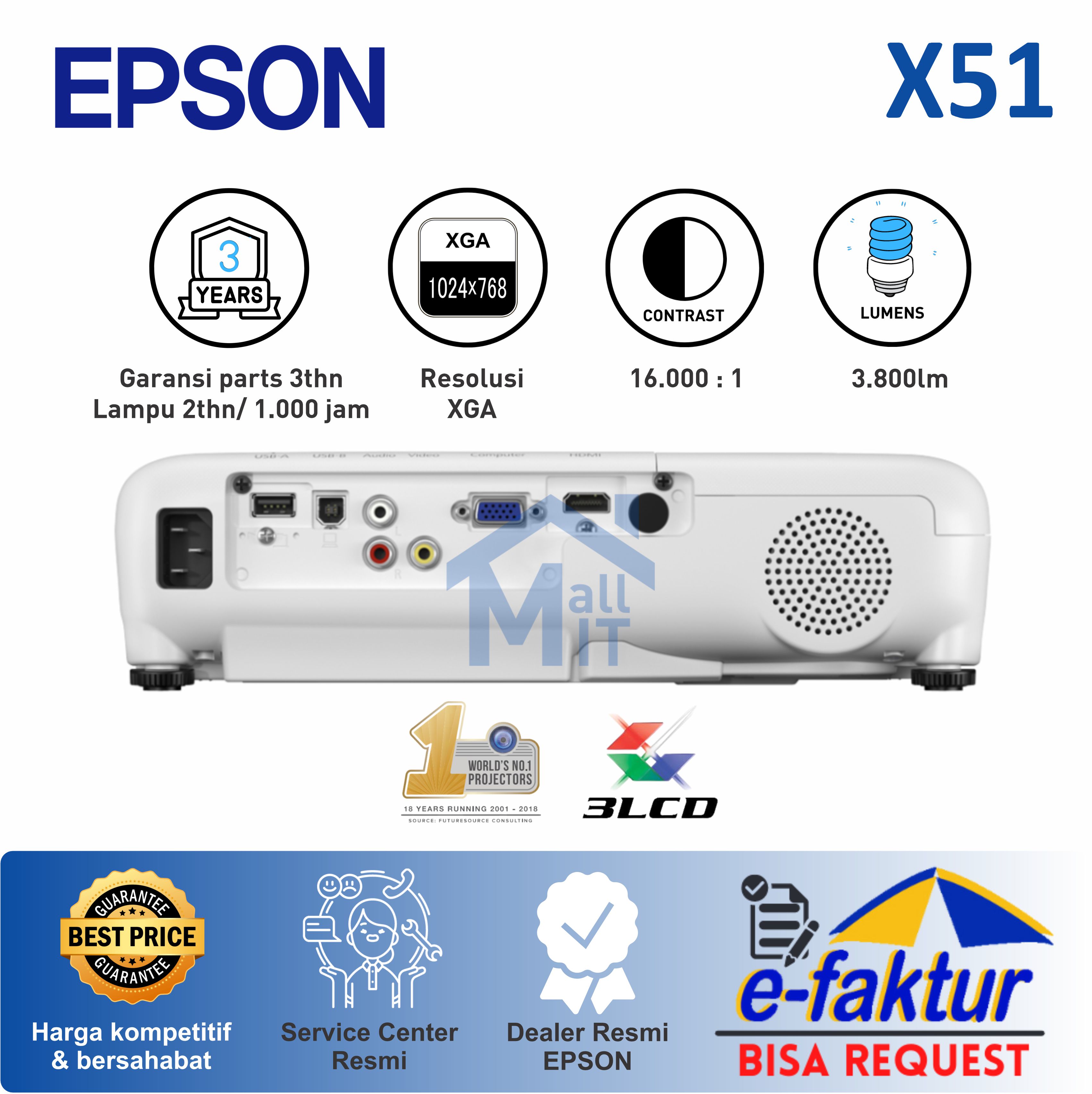 Jual Proyektor Epson Eb-x51 Ebx51 Eb X51 Pengganti Eb X450 Xga 3800 ...