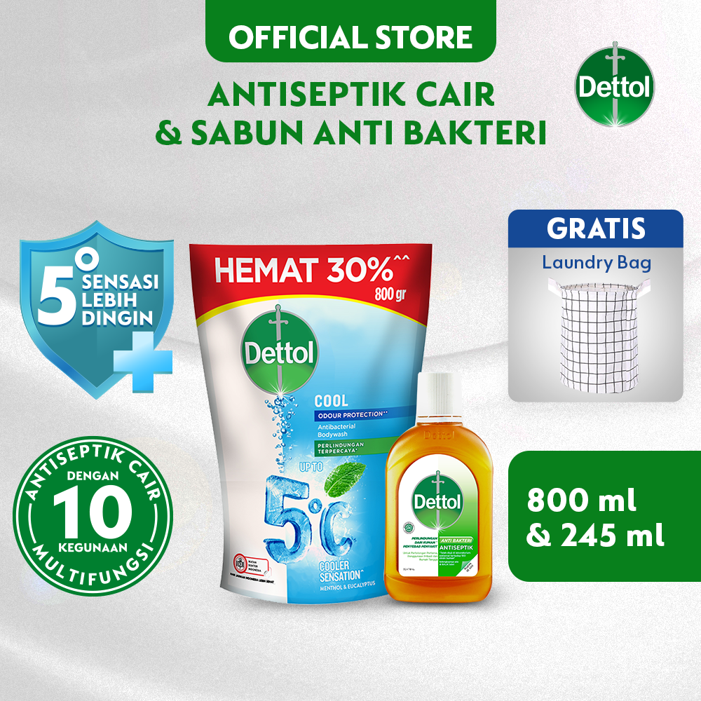 Promo Dettol Body Wash Cool [800 g] + Dettol Liquid Antiseptik [245 mL ...