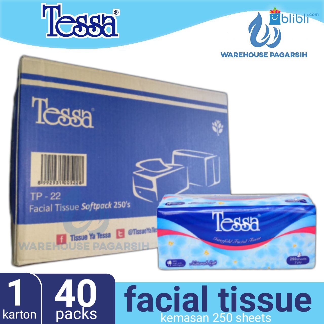 Promo Tessa Tp-22 Natural Soft Facial Tissue 250 Sheets - 2 Ply [40 Pcs ...