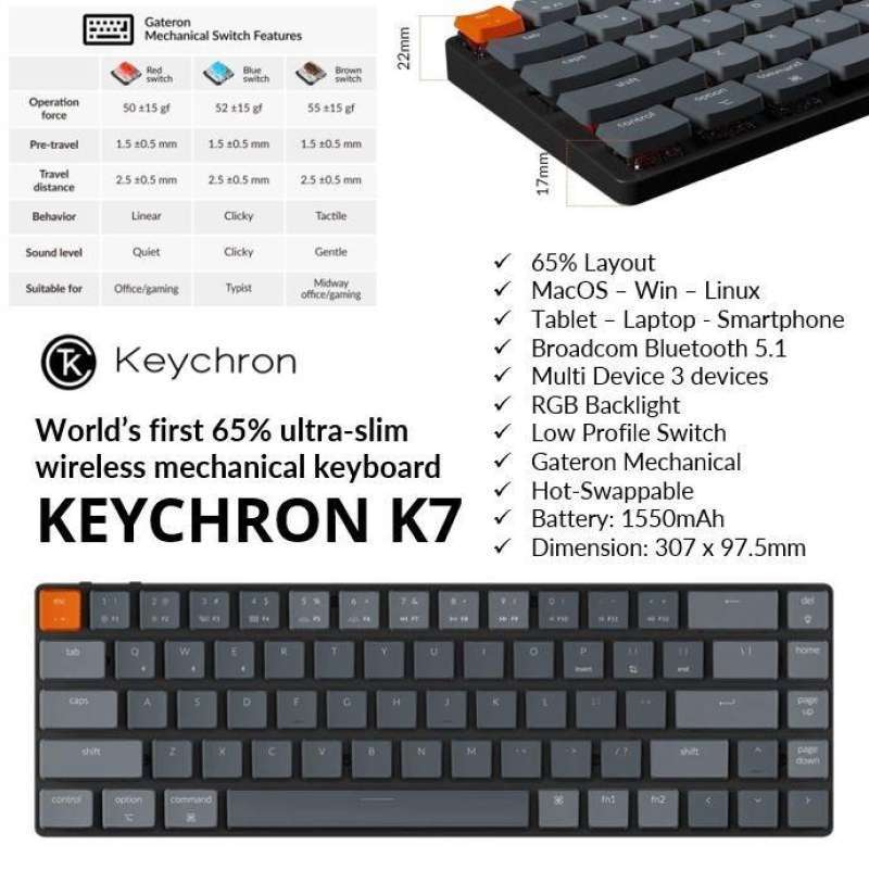 Jual Keychron K7 65% Layout Hot-swappable Rgb Backlight Gateron Switch ...