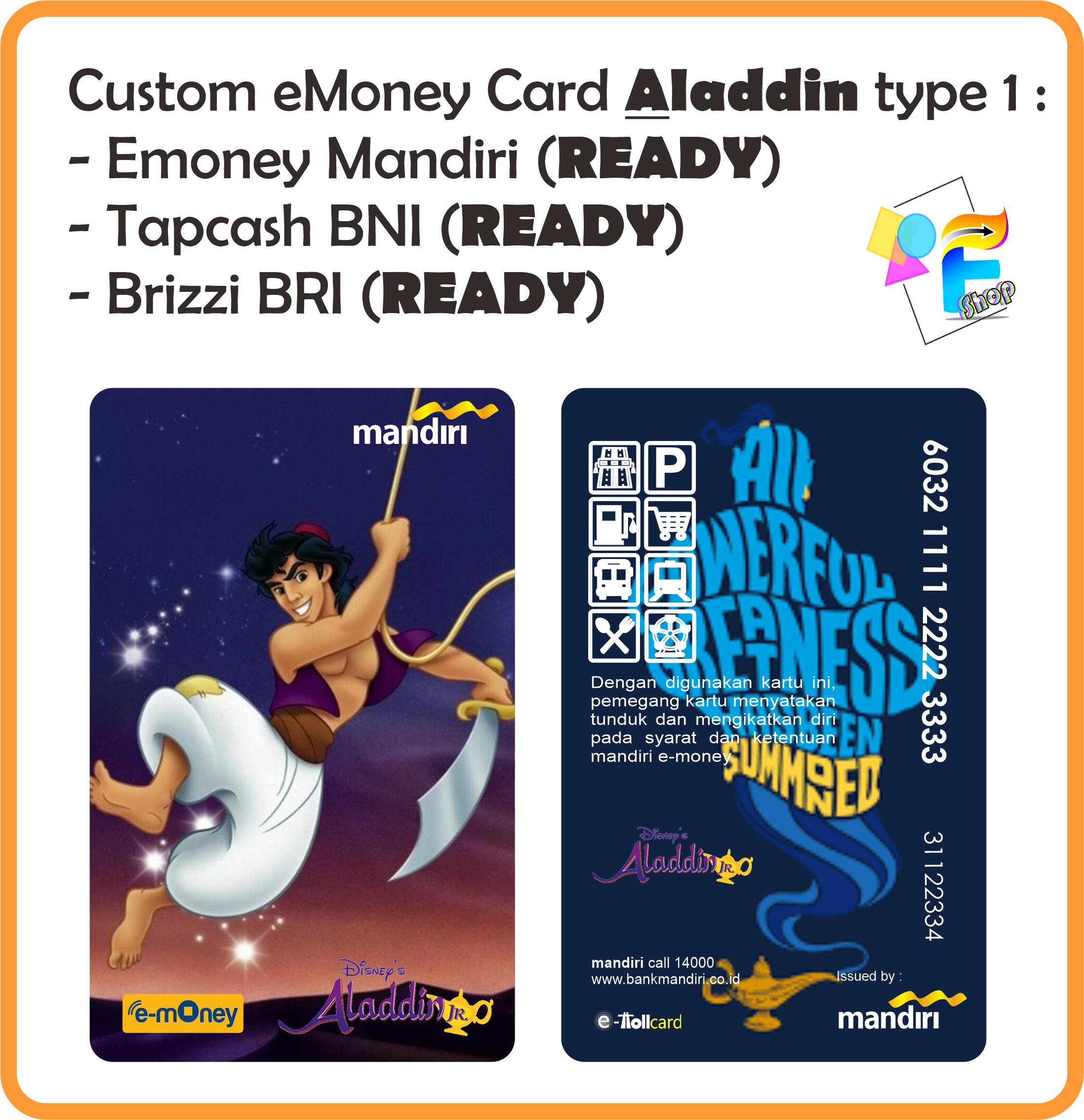 Jual Kartu eMoney eToll Tapcash BRIZZI edisi Disney Aladdin - Custom ...