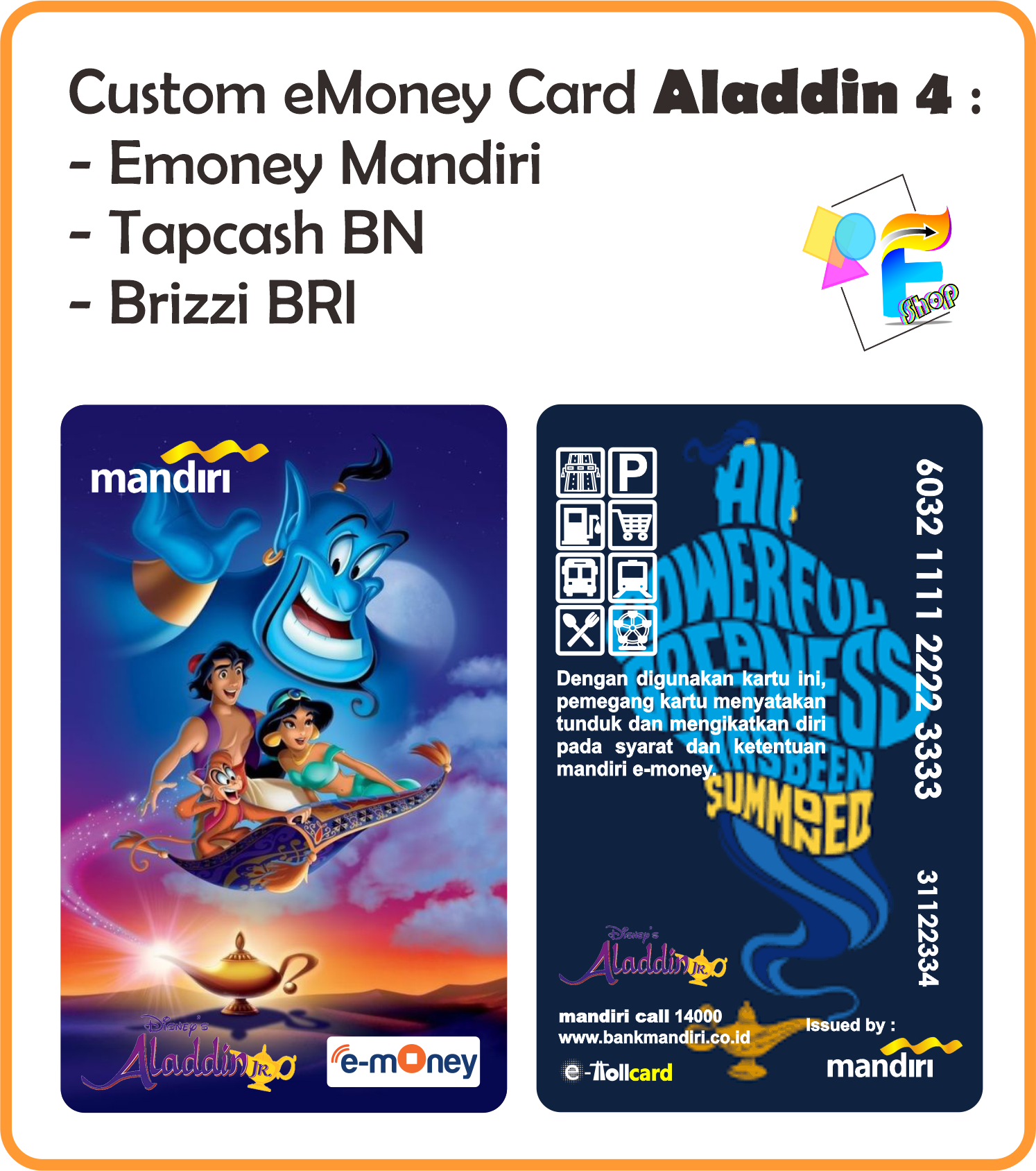 Jual Kartu eMoney eToll Tapcash BRIZZI edisi Disney Aladdin - Custom ...