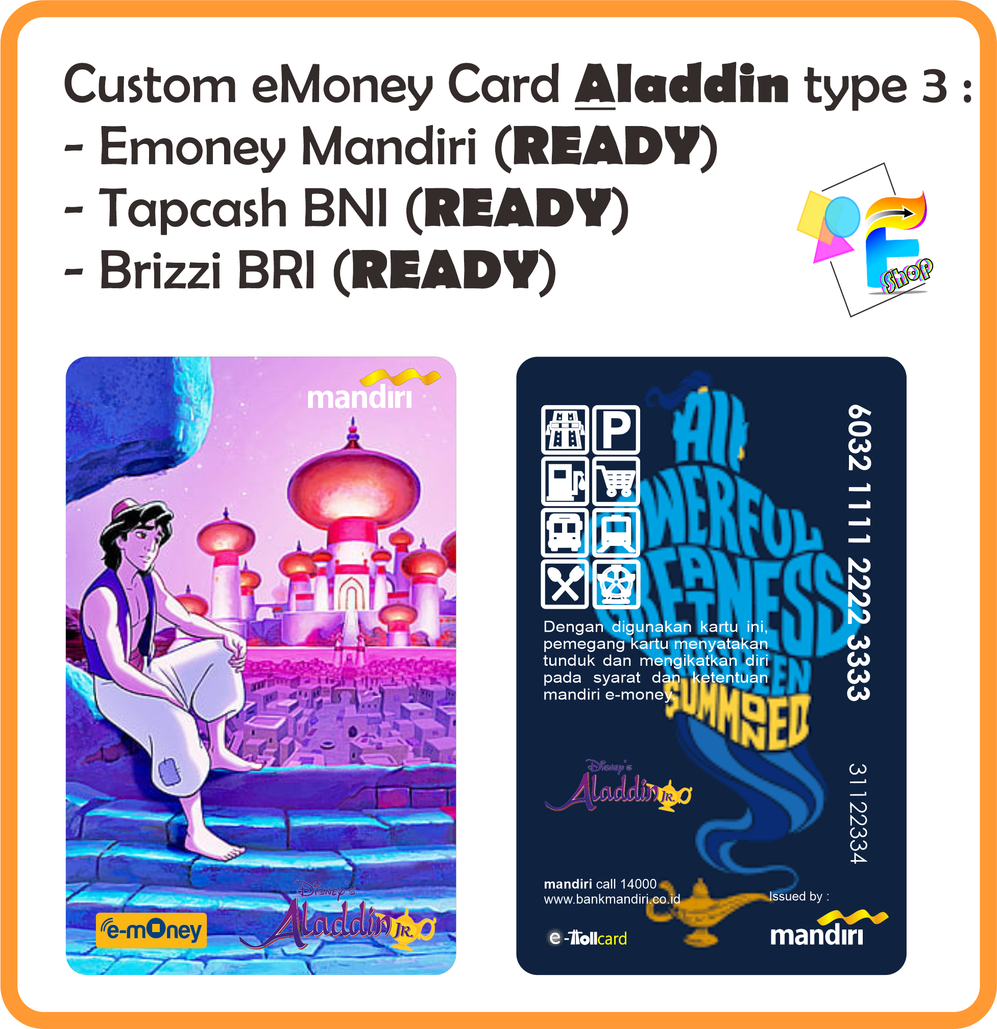 Jual Kartu eMoney eToll Tapcash BRIZZI edisi Disney Aladdin - Custom ...