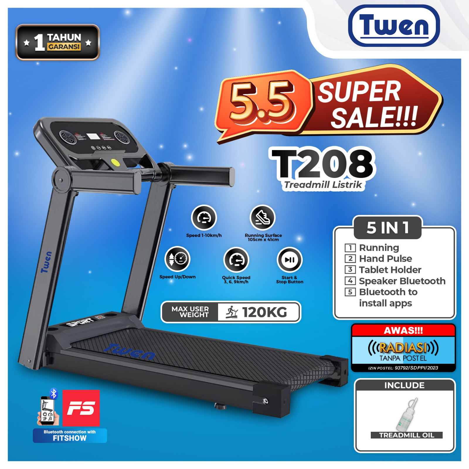 Jual Twen T208 Treadmill Elektrik Motorized Treadmill Listrik Treadmil Di Seller Twen Store ...