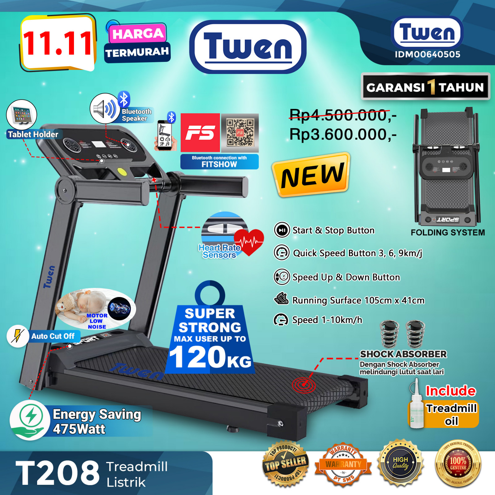 Promo Twen T208 Treadmill Elektrik Motorized Treadmill Listrik Treadmil ...