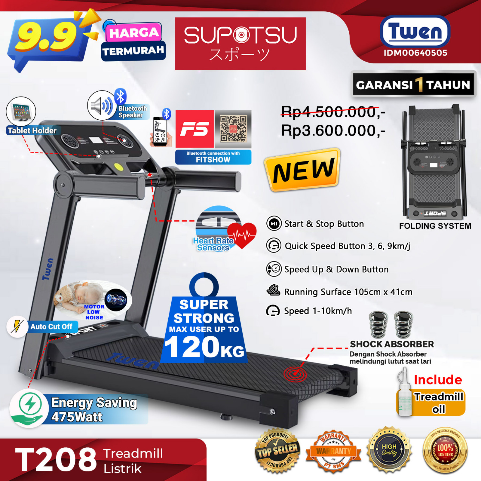 Promo Twen T208 Treadmill Elektrik Motorized Treadmill Listrik Treadmil Diskon 8% di Seller ...