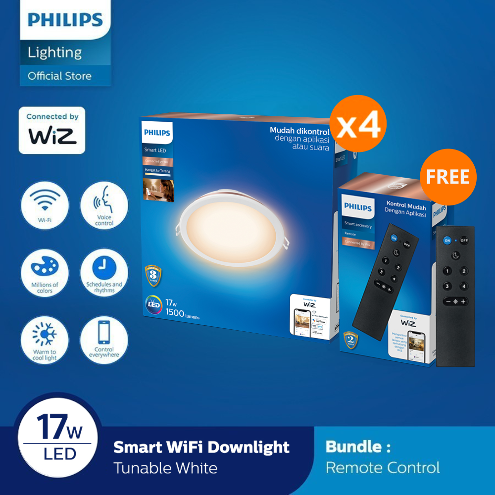 Promo Philips 4x Smart Wifi LED Downlight 17W Putih - Free Remote ...