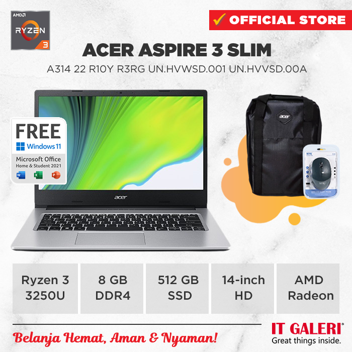Jual ACER ASPIRE 3 A314-22-R10Y UN.HVWSD.001 R3-3250U/8GB/512GB/14.0/WIN11+OHS2021/SILVER di ...