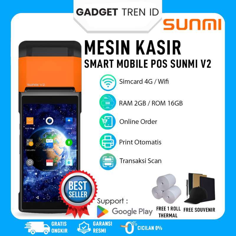 Jual Mesin Kasir Android Portable Sunmi V2 2/16gb 4g Lte + Wifi Scan Barcode Thermal Printer ...