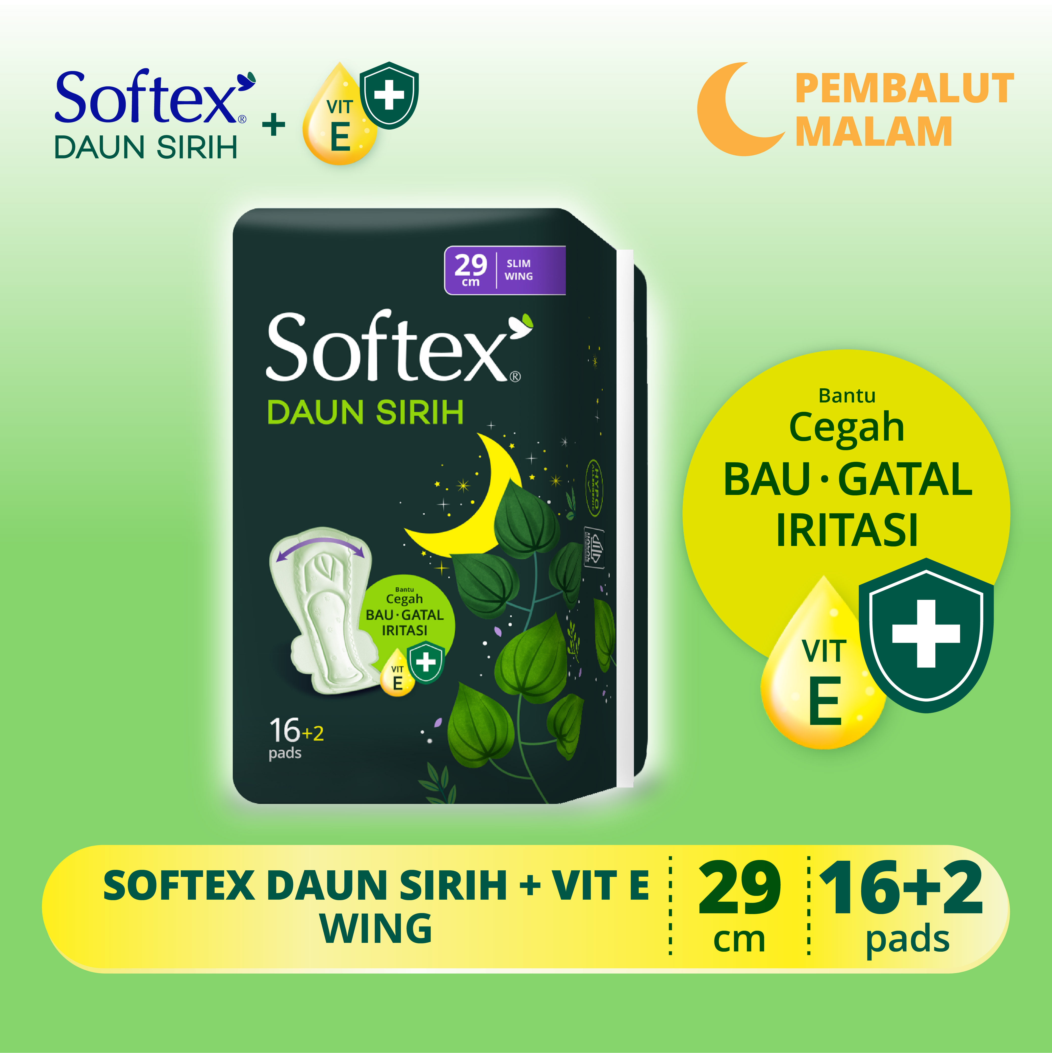 Promo Softex Daun Sirih + Vitamin E 29cm 16+2s - Pembalut Daun Sirih Malam Diskon 22% Di Seller ...
