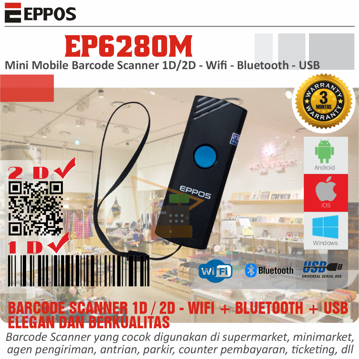 Jual Portable Barcode Scanner 1D/2D EPPOS EP6280 - Bluetooth Wireless di Seller MR kasir ...