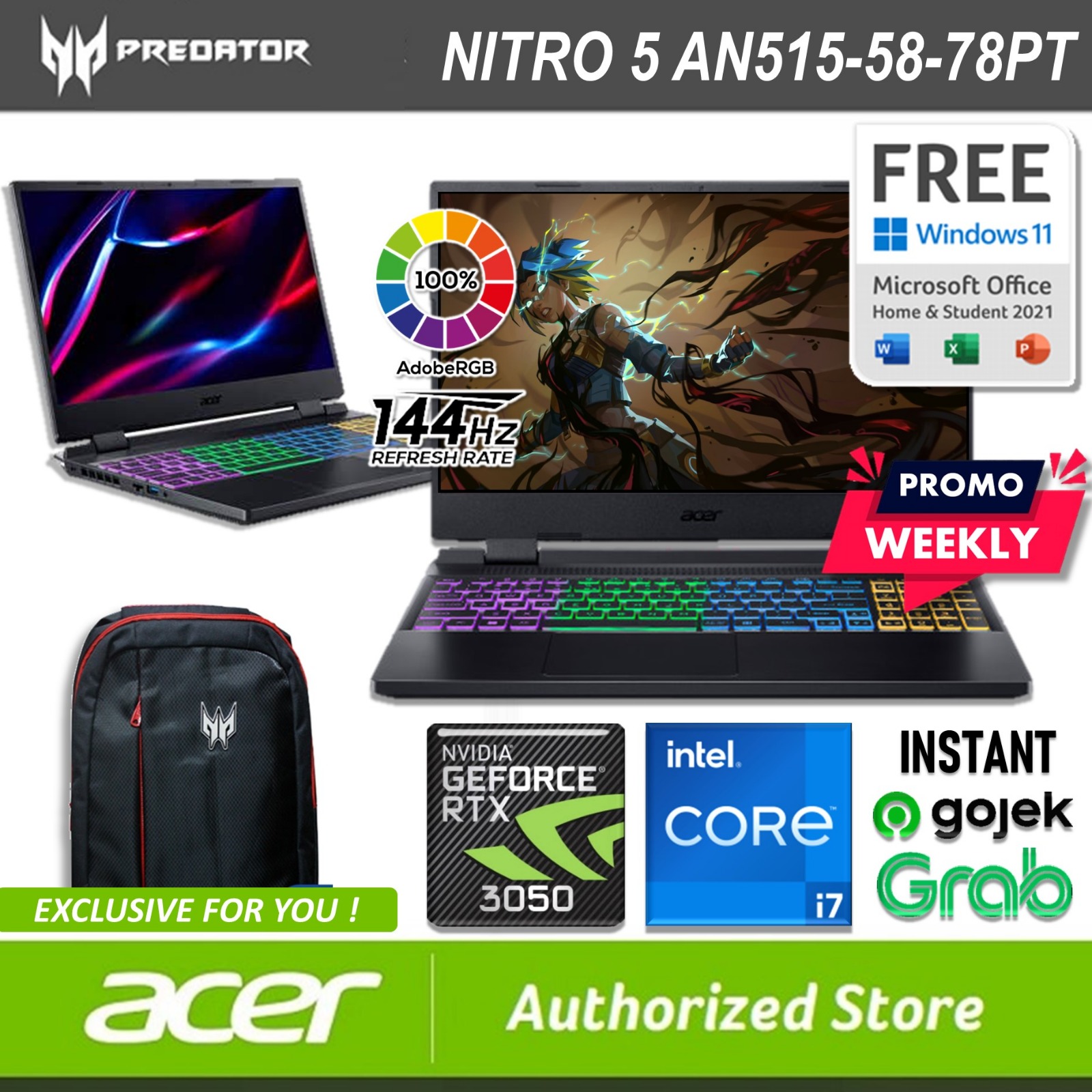 Promo ACER Nitro 5 AN515 78PT RTX3050 i7 12700H 16/512SSD Windows 11 ...