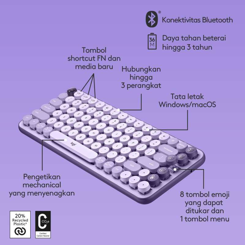 Promo Logitech Pop Keys Wireless Mechanical Keyboard Cosmos Lavender ...