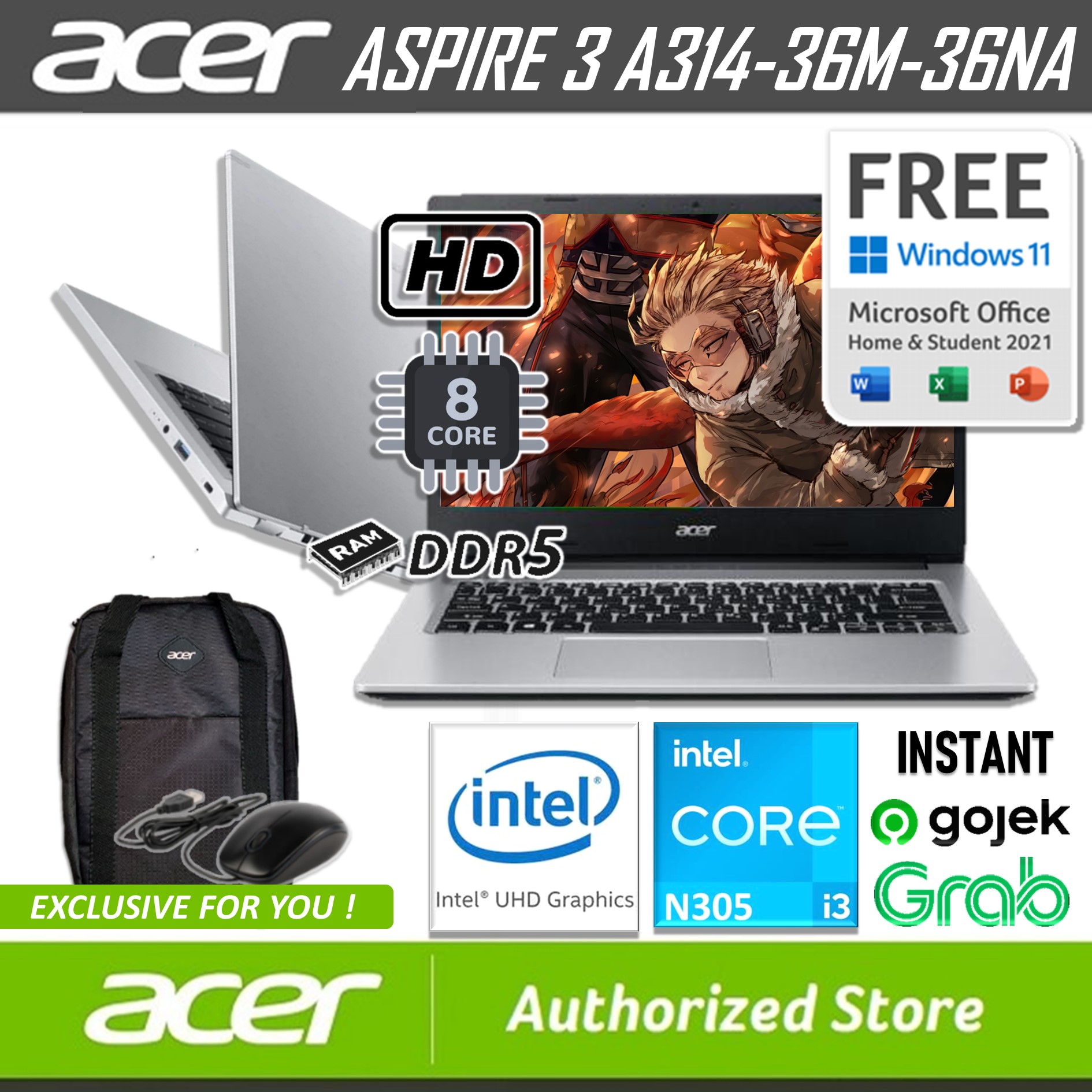 Promo ACER Aspire 3 Slim A314 36NA i3 N305 8 Core 8/512SSD Windows 11 OHS 14 Silver Diskon 18% ...