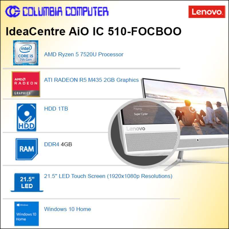Jual IdeaCentre AiO IC 510-FOCBOO i5-7400 4GB 1TB R5-M435 21.5L Touch ...